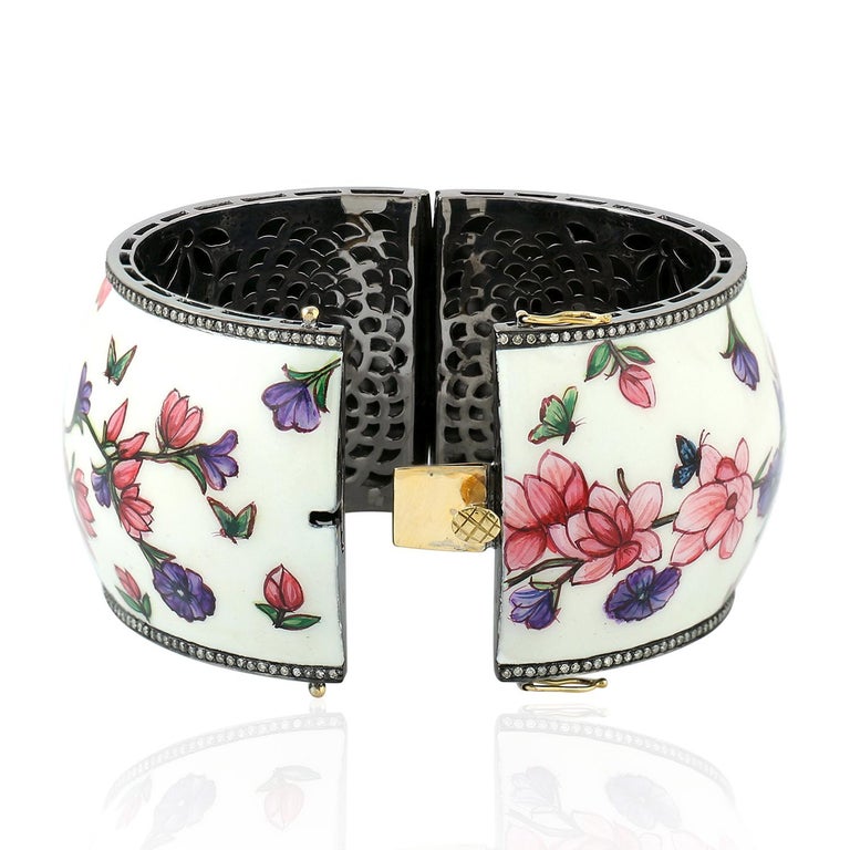 Enamel Cuff Bracelet with Pave Diamonds in Bird Design Made in 18k Gold ...
