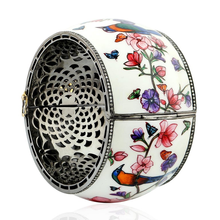 Bird Design Enameled Cuff Bracelet with Pave Diamonds on Edge For Sale ...
