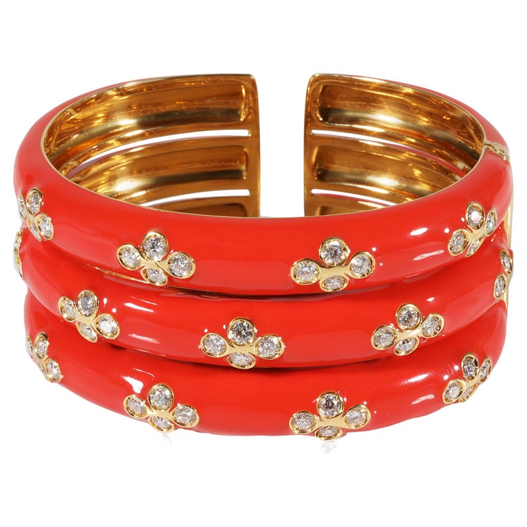 Enamel Cuff Diamond Bracelet in 18k Yellow Gold 3 CTW For Sale at 1stDibs