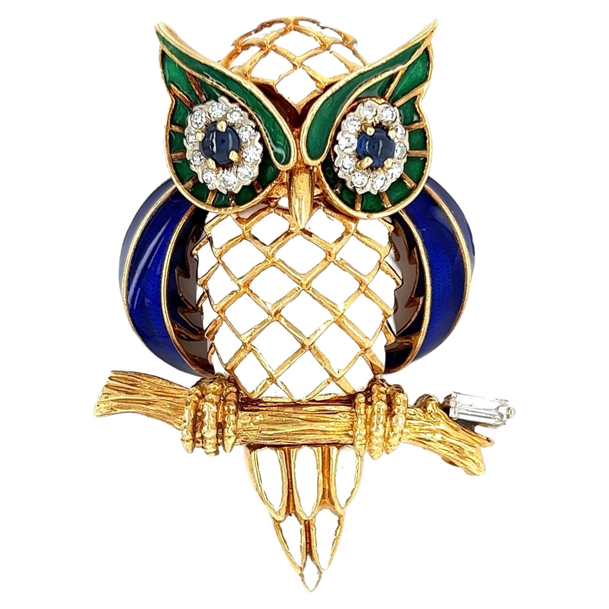 Enamel Sapphire Diamond Gold Owl Pin Brooch at 1stDibs