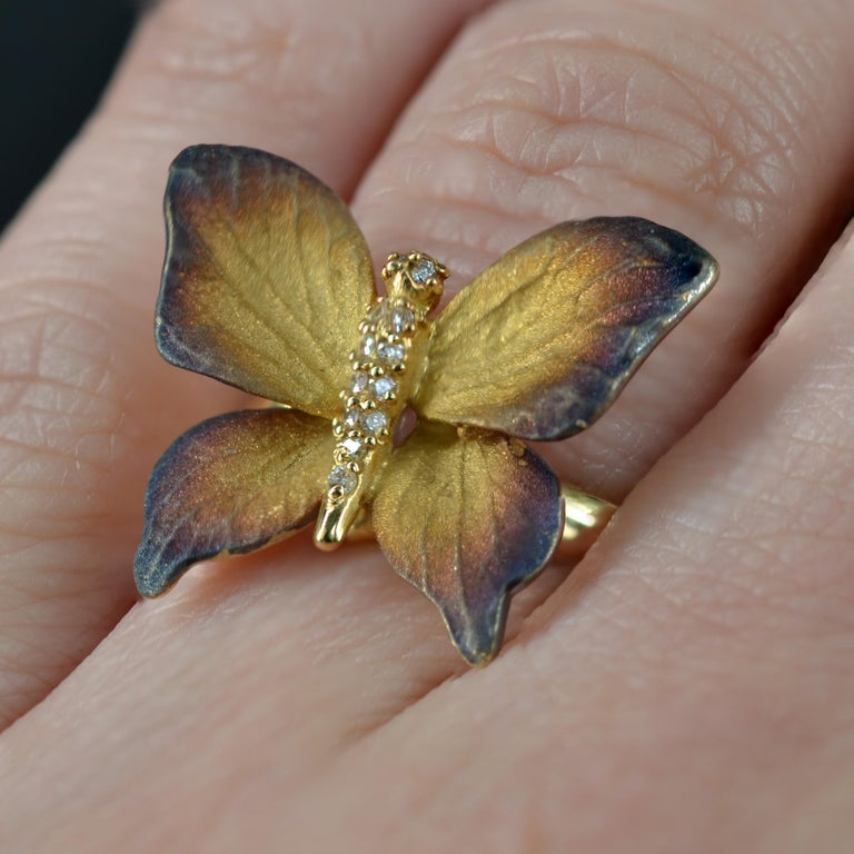 Enamel Diamond and Yellow Gold Butterfly Ring For Sale (Free Shipping ...