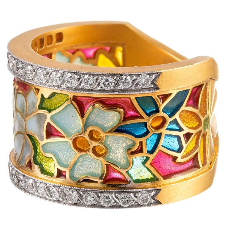 Masriera Enamel and Diamond Floral Motif Ring at 1stDibs
