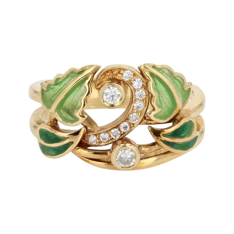 Enamel Diamond Gold Ring For Sale at 1stDibs