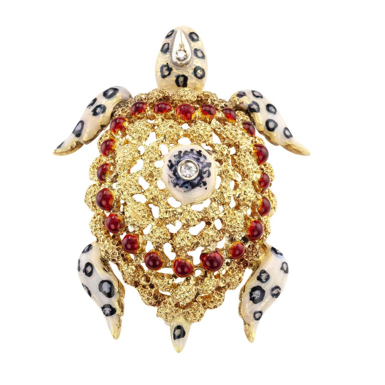 Enamel Diamond Yellow Gold Sea Turtle Brooch at 1stDibs