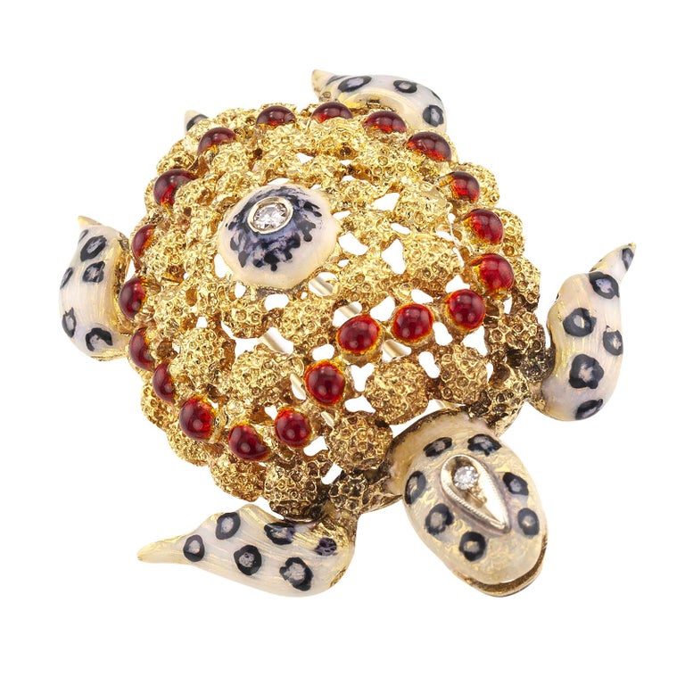 Enamel Diamond Yellow Gold Sea Turtle Brooch at 1stDibs