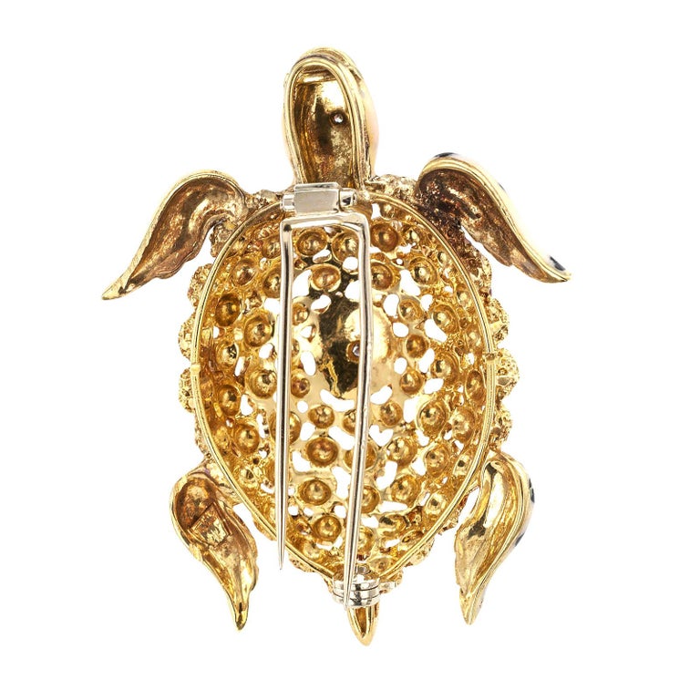 Enamel Diamond Yellow Gold Sea Turtle Brooch at 1stDibs