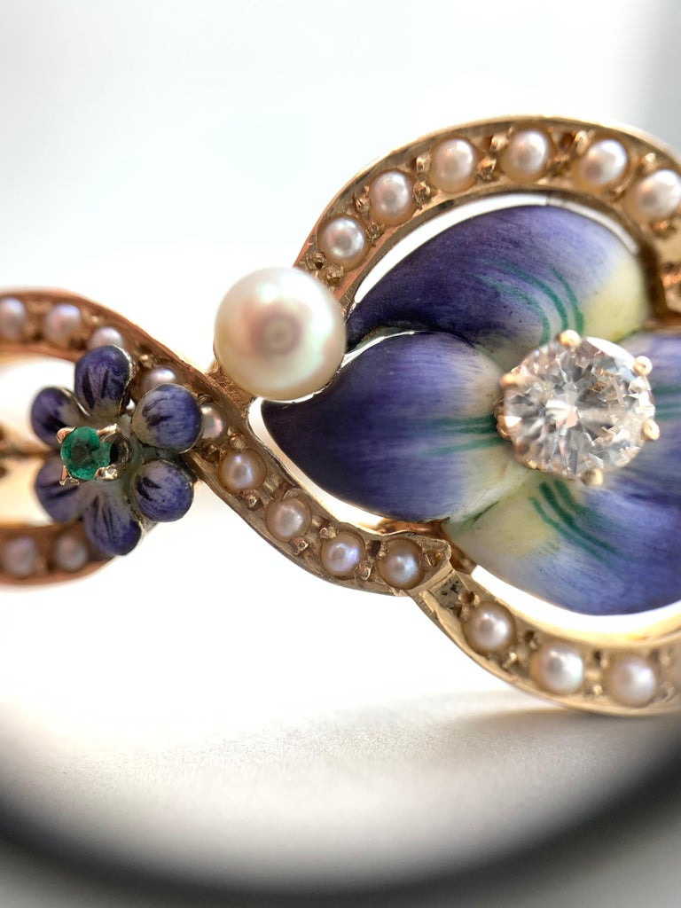 Enamel, Diamond, Pearl and Emerald Floral Bangle Bracelet at 1stDibs