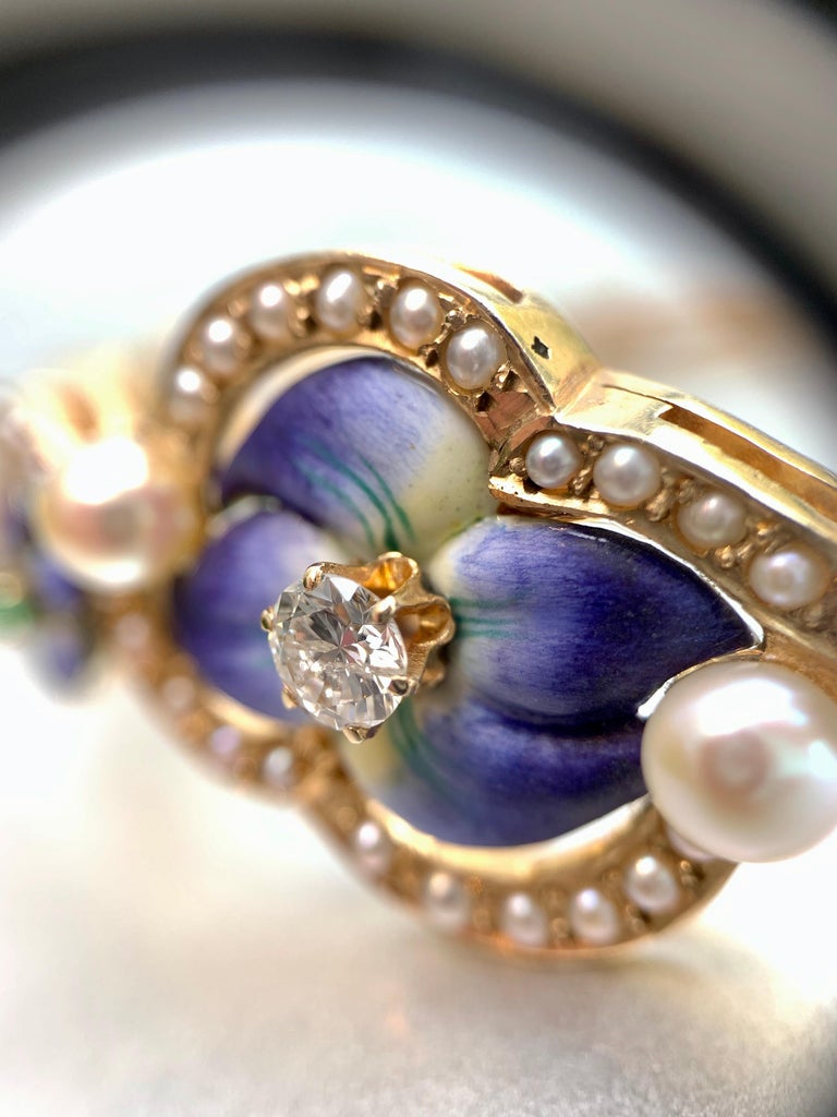 Enamel, Diamond, Pearl and Emerald Floral Bangle Bracelet at 1stDibs