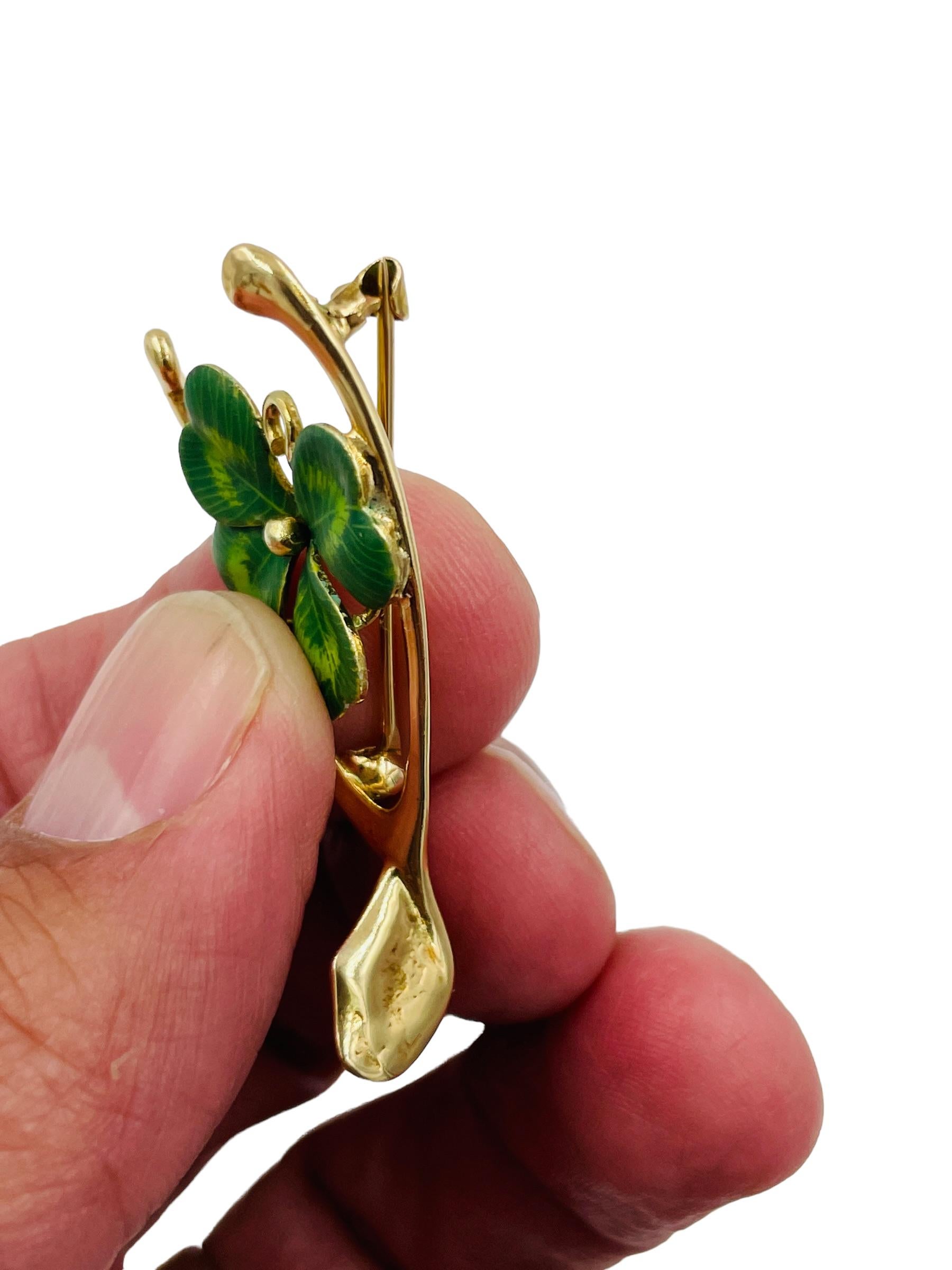 Enamel Four Leaf Clover Wishbone Brooch at 1stDibs