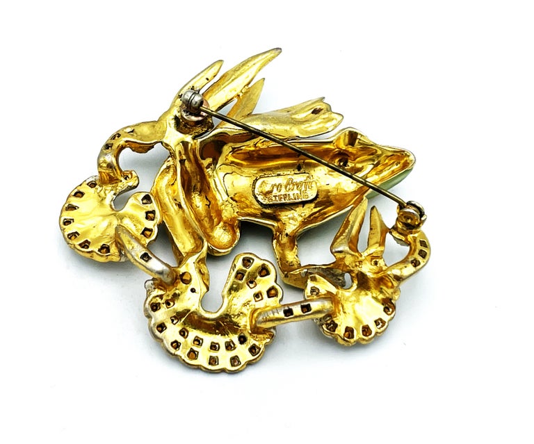 Enamel Frog Brooch On Three Lilys Coro Craft Sterling Gold Plated