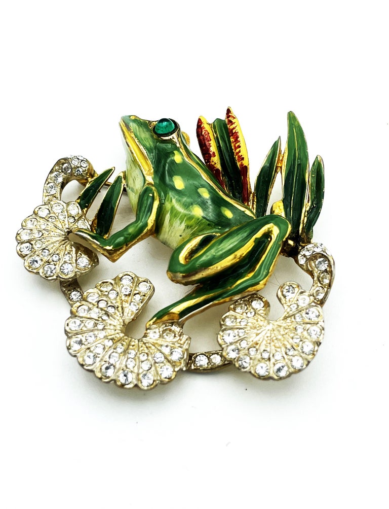 Enamel Frog Brooch On Three Lilys Coro Craft Sterling Gold Plated