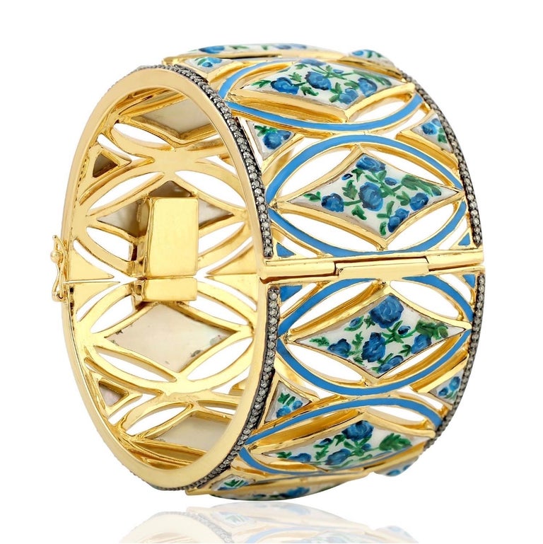 Enamel Hand Painted Diamond Bangle Bracelet For Sale at 1stDibs