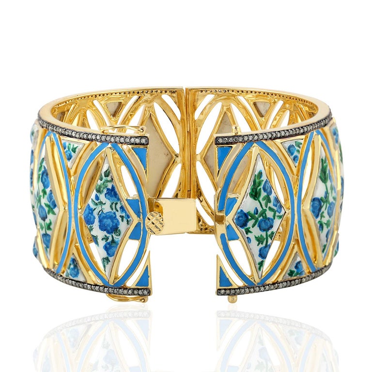 Enamel Hand Painted Diamond Bangle Bracelet For Sale at 1stDibs