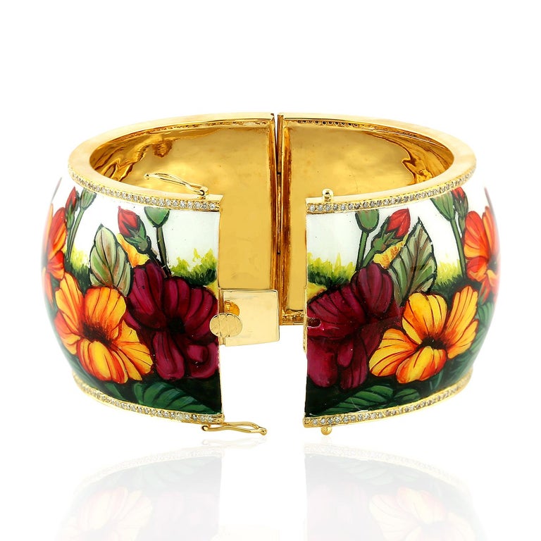 Enamel Hand Painted Diamond Floral Bangle Bracelet For Sale at 1stDibs