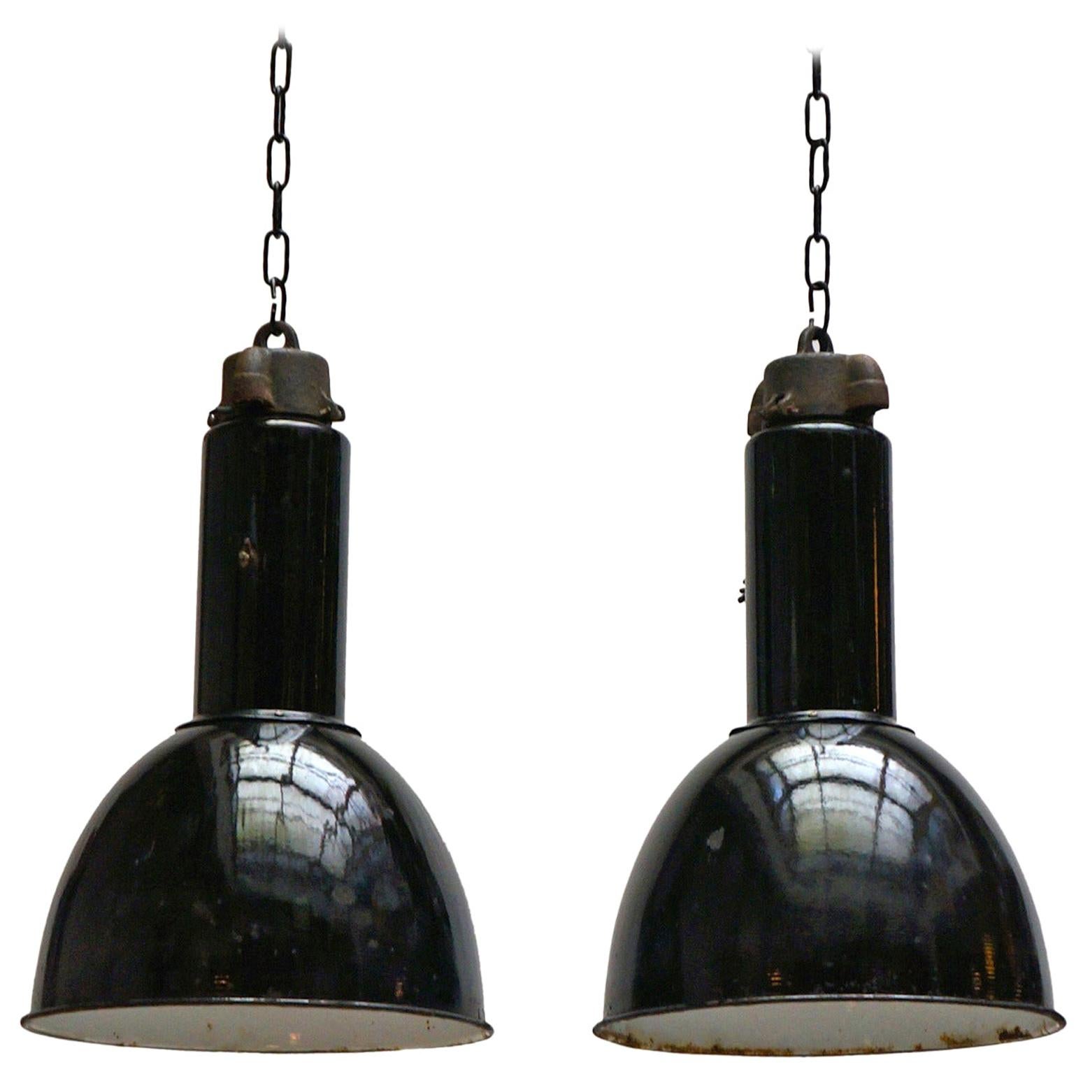 Two Enamel Industrial Factory Pendant Lights For Sale at 1stDibs
