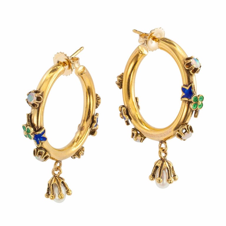 Enamel Opal Pearl Gold Hoop Earrings at 1stDibs