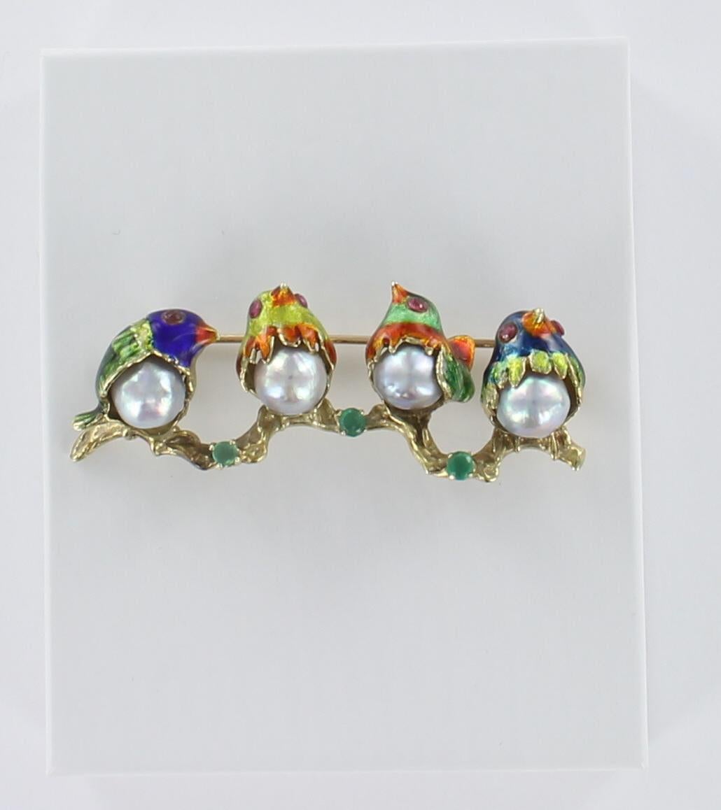 Enamel Pearl Bird Pin with Emeralds and Rubies in 18 Karat Gold at 1stDibs