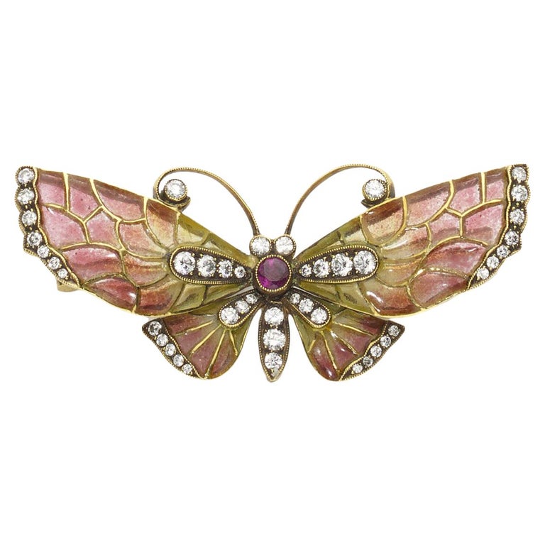 Enamel Ruby Diamond Gold Butterfly Brooch at 1stDibs