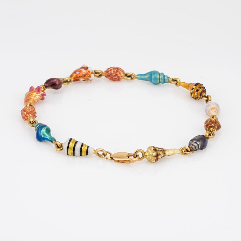 Enamel Sea Shell Charm Bracelet Vintage 18k Yellow Gold 8" Ocean Marine ...