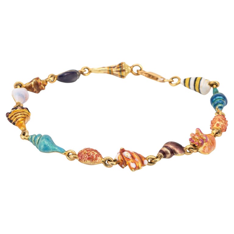 Enamel Sea Shell Charm Bracelet Vintage 18k Yellow Gold 8" Ocean Marine ...