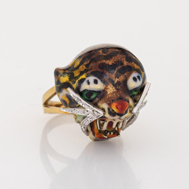 Enamel Tiger Ring Vintage 18k Yellow Gold Diamond Estate Animal Jewelry ...