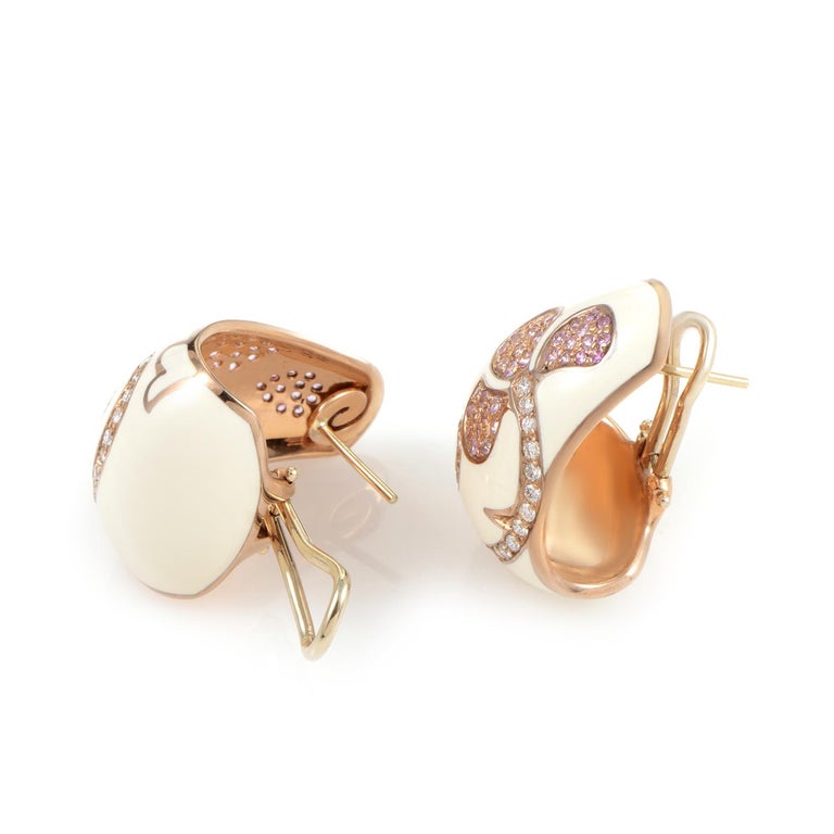 Enameled 18 Karat Rose Gold Diamond and Sapphire Earrings at 1stDibs
