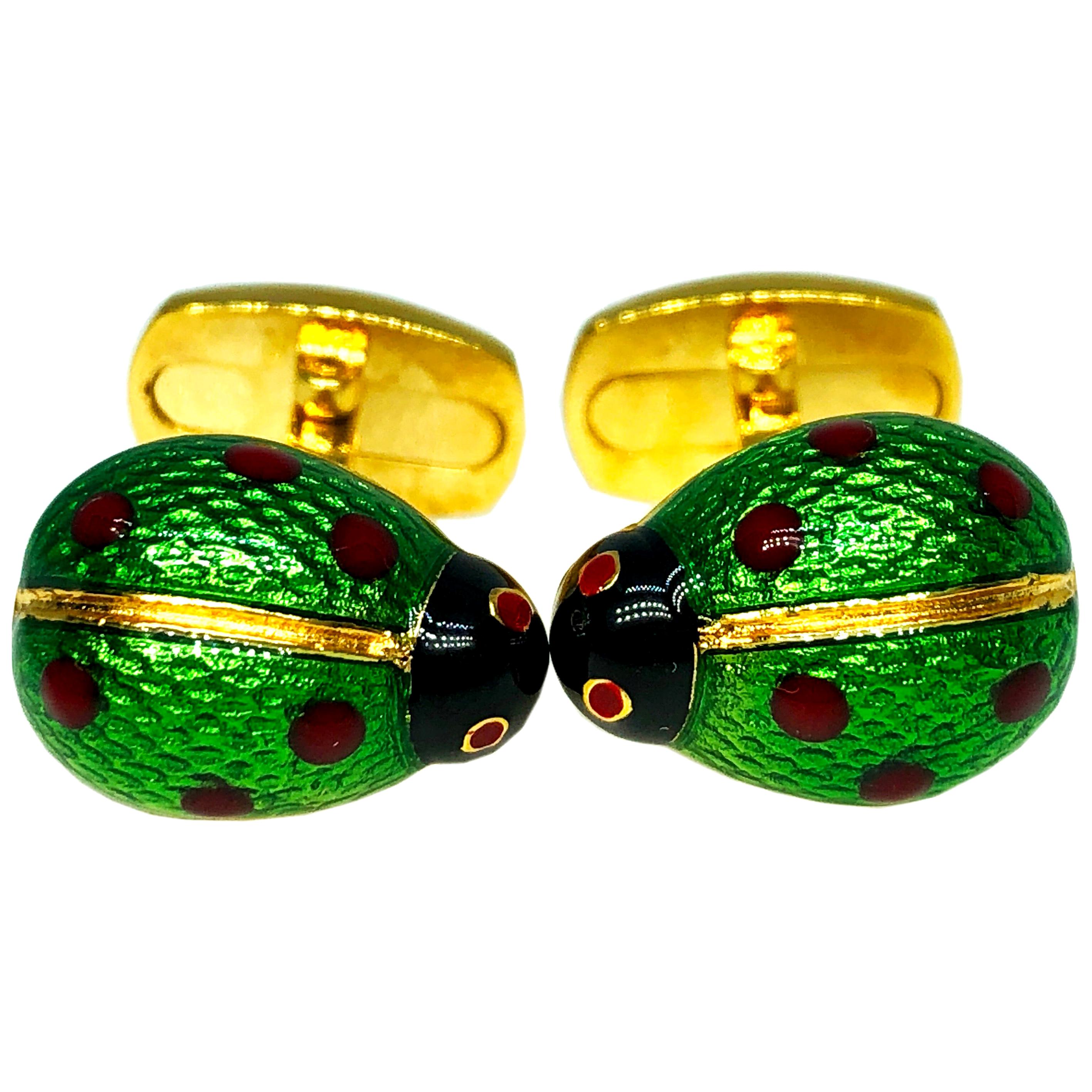 Berca Enameled Ladybug Shaped T-Bar Back Sterling Silver Gold-Plated ...