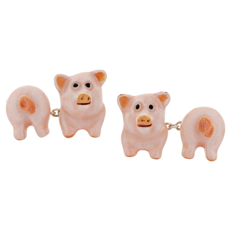 Enameled Pig Cufflinks For Sale at 1stDibs