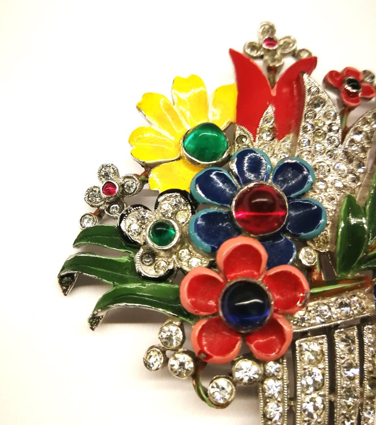 Enamelled metal, clear and coloured paste 'cornucopia' brooch, Trifari ...