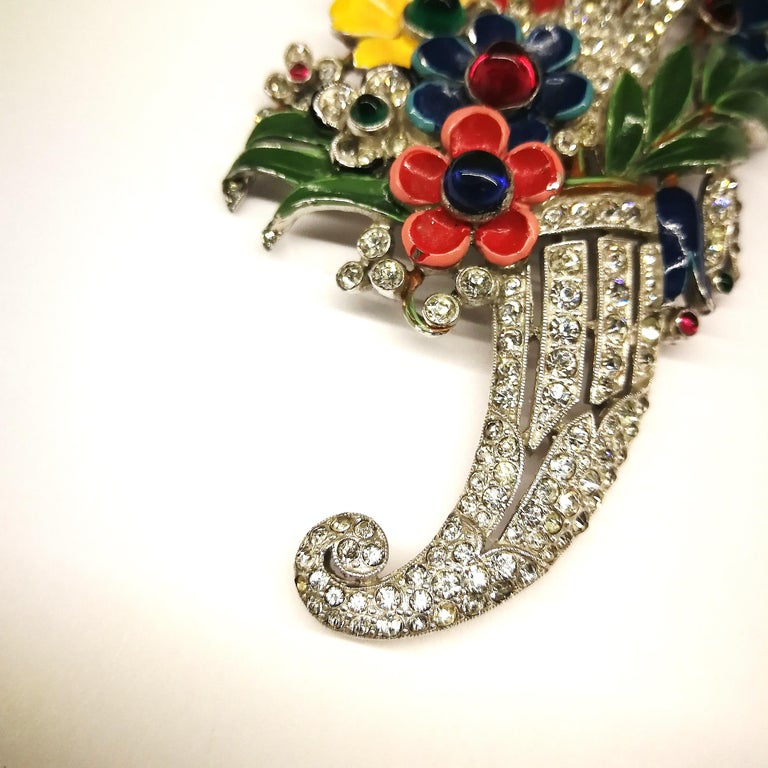 Enamelled metal, clear and coloured paste 'cornucopia' brooch, Trifari ...