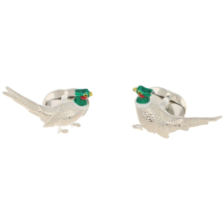 Pheasant Swivel Back Cufflinks in Sterling Silver with Enamel For Sale ...