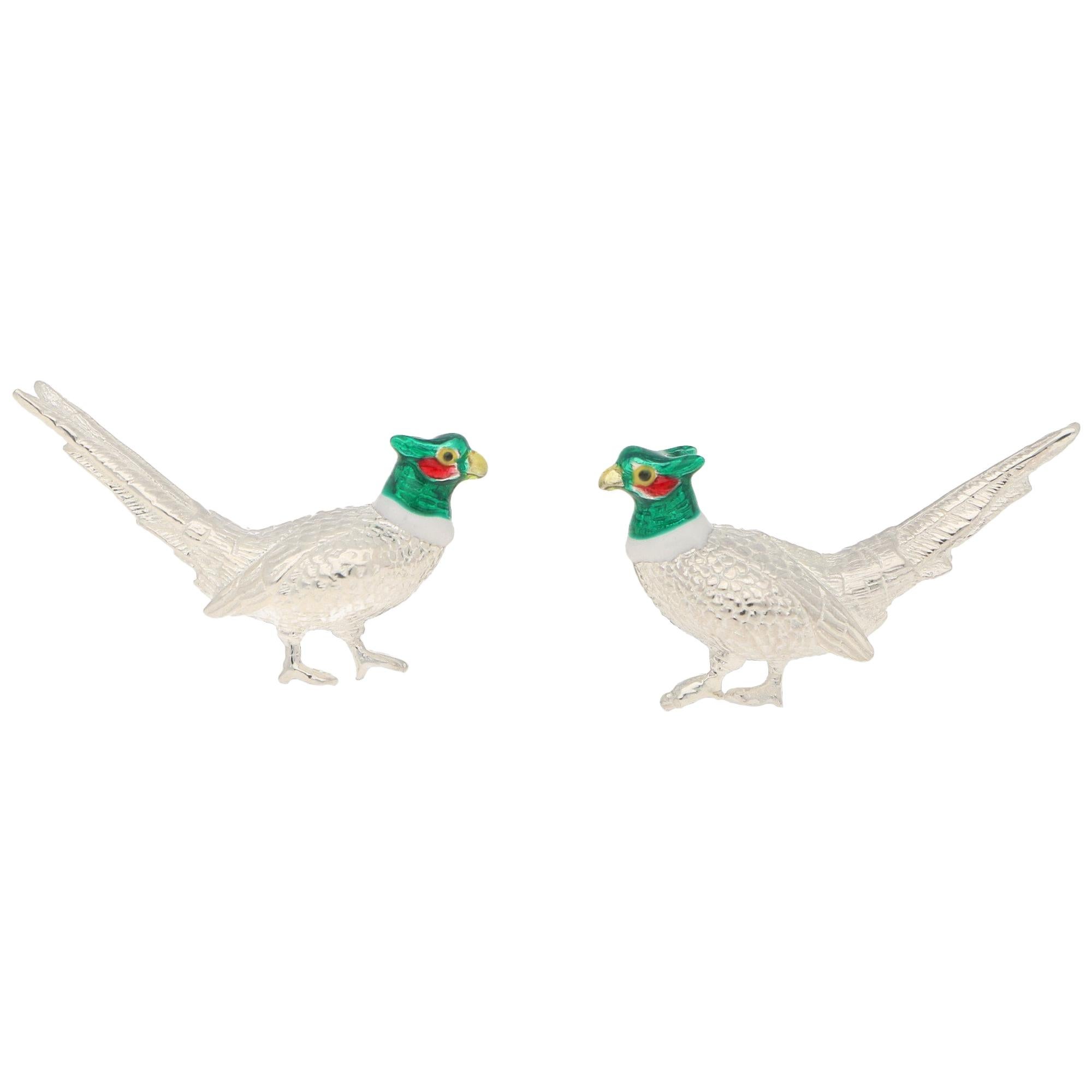 Pheasant Swivel Back Cufflinks in Sterling Silver with Enamel For Sale ...