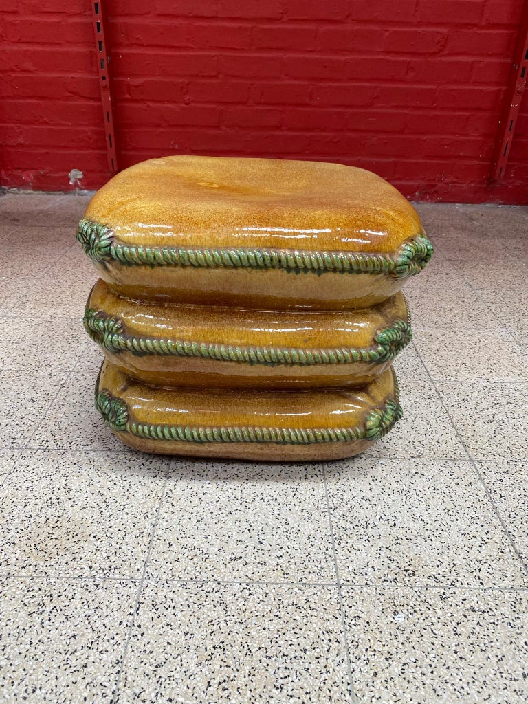 Enamelled Terracotta Stool with Cushions Decoration, circa 1970 For ...