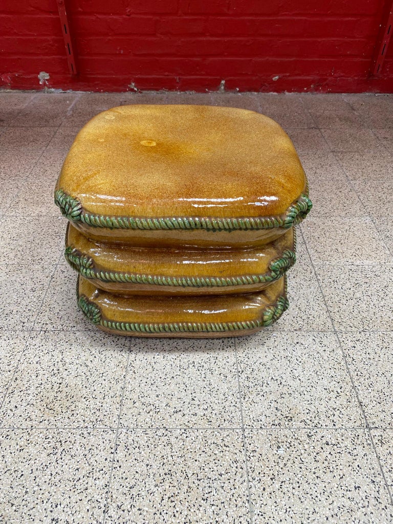 Enamelled Terracotta Stool with Cushions Decoration, circa 1970 For ...