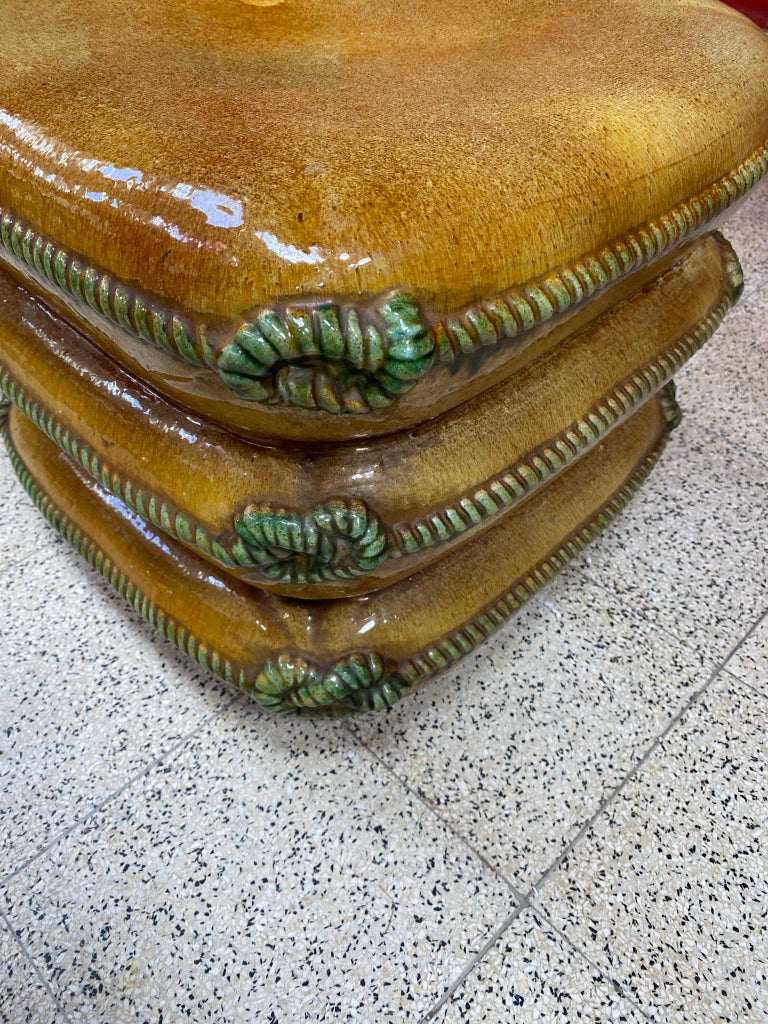 Enamelled Terracotta Stool with Cushions Decoration, circa 1970 For ...