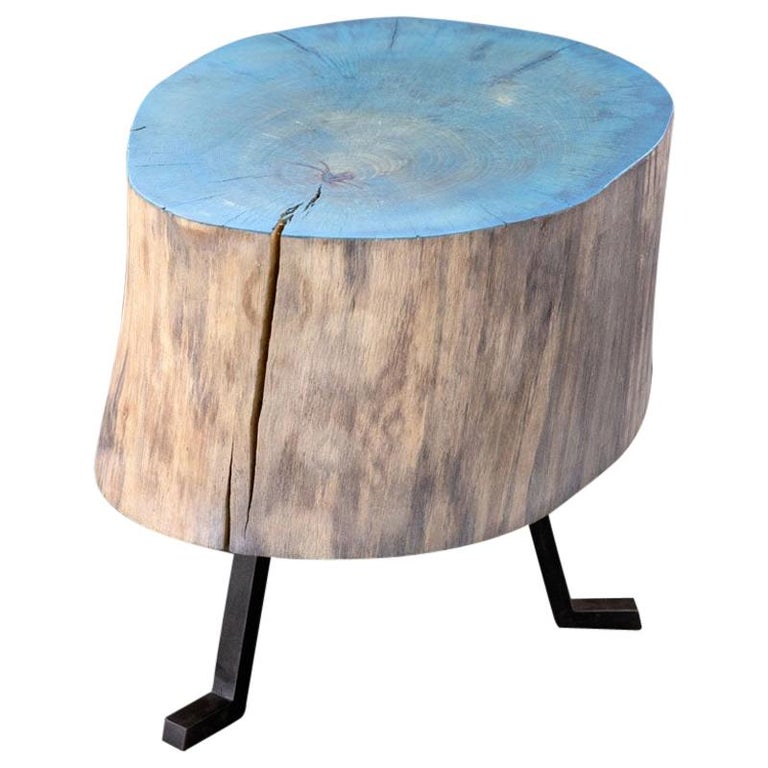 Live Edge Round Side Table Blue and Light Wood with Black Patina Steel ...