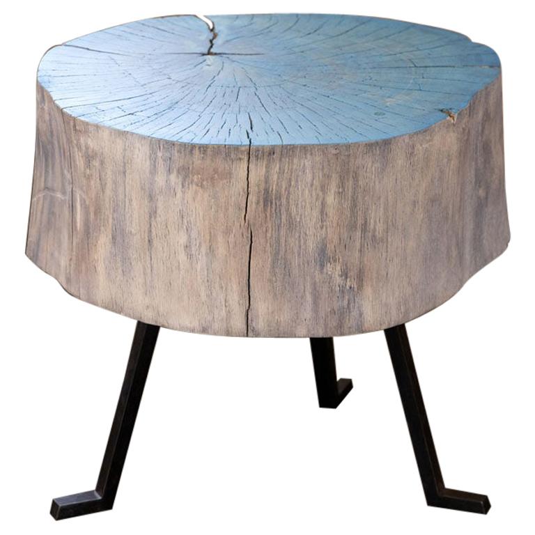 Live Edge Round Side Table Blue and Light Wood with Black Patina Steel ...