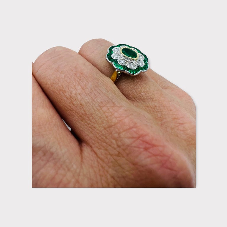 Engagement ring in 18 carat gold set with emeralds and pavé diamonds ...