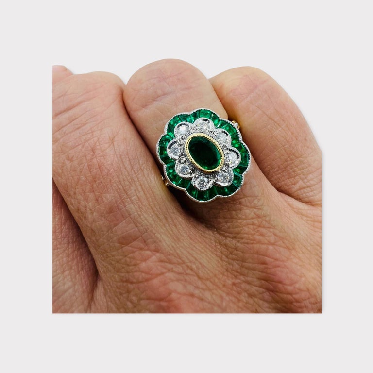 Engagement ring in 18 carat gold set with emeralds and pavé diamonds ...