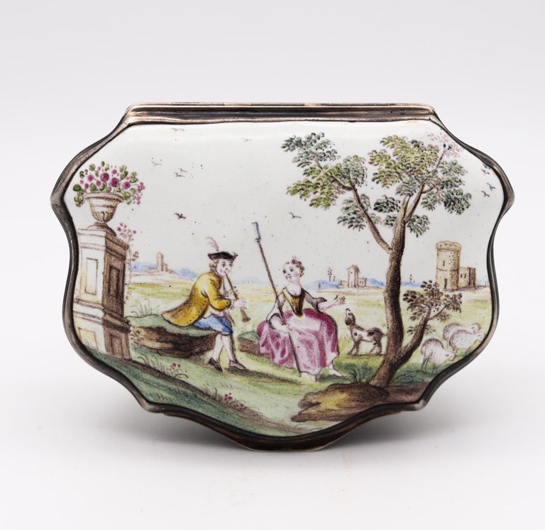 England 1770 Georgian Battersea Enamel Decorated Box in Sterling Silver ...