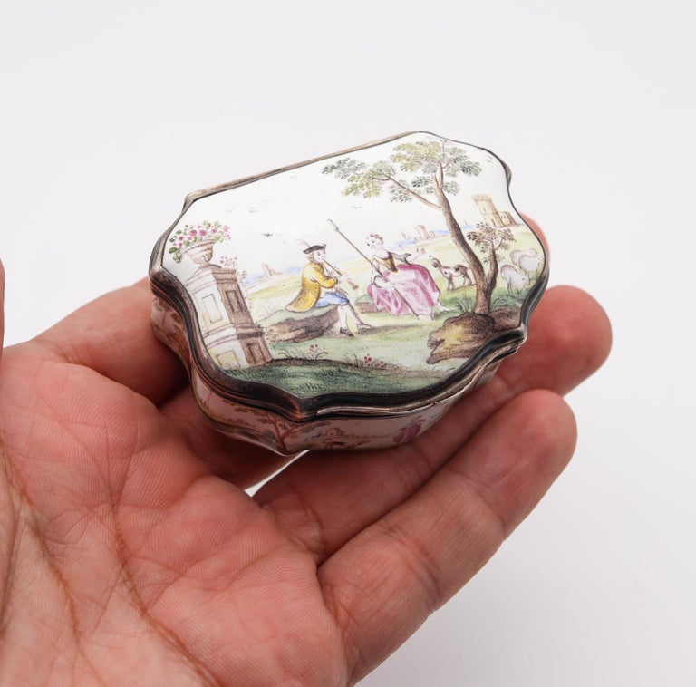 England 1770 Georgian Battersea Enamel Decorated Box in Sterling Silver ...
