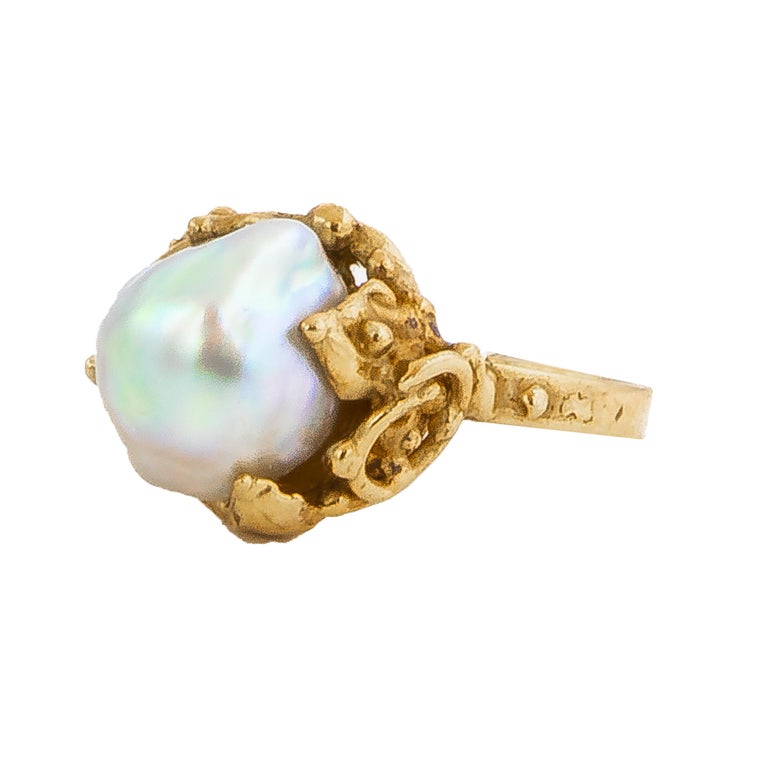 English Pearl Ring 9 Karat Yellow Gold at 1stDibs