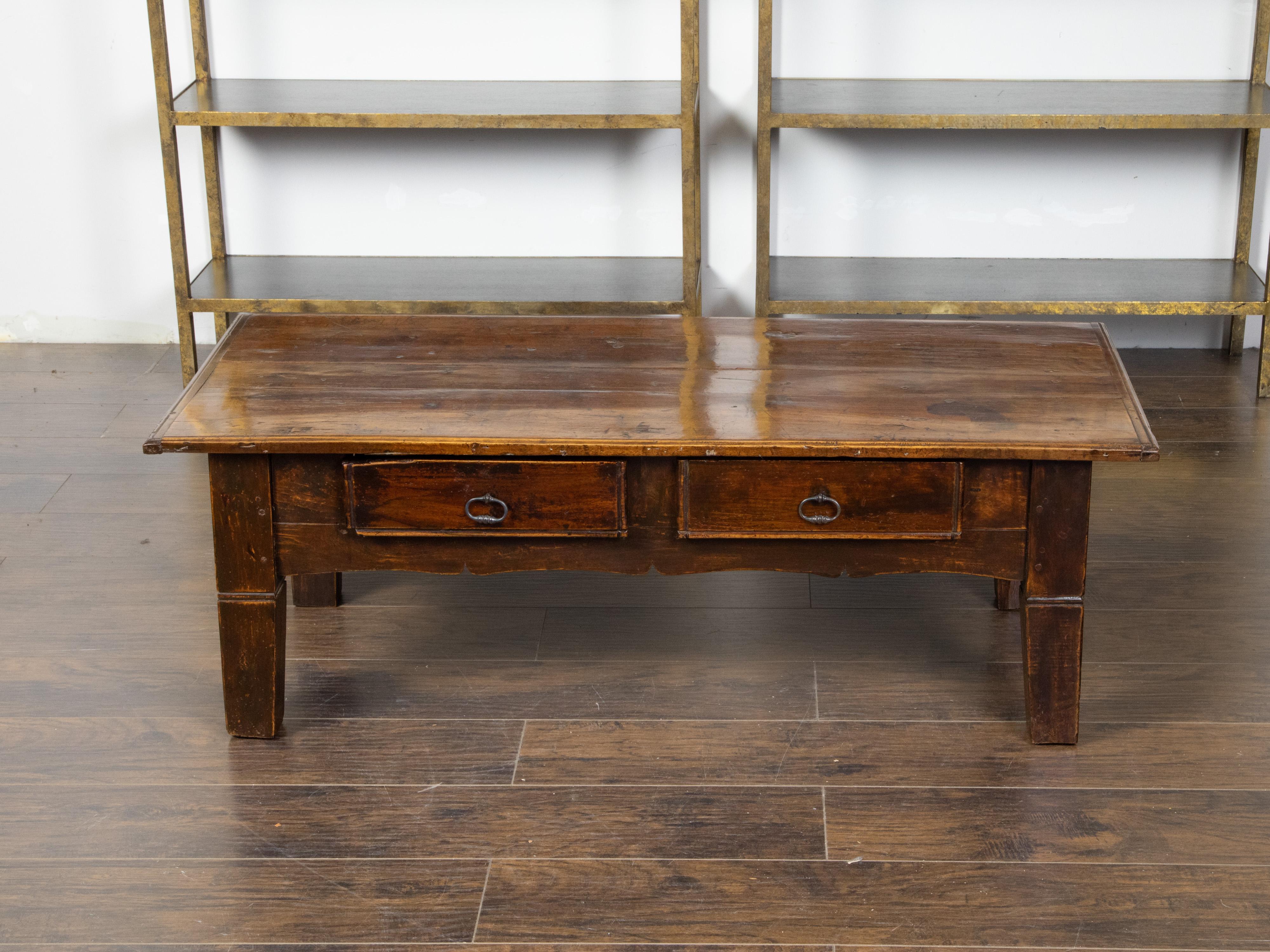 English 1800s Elm Coffee Table with Two Drawers and Distressed Patina ...