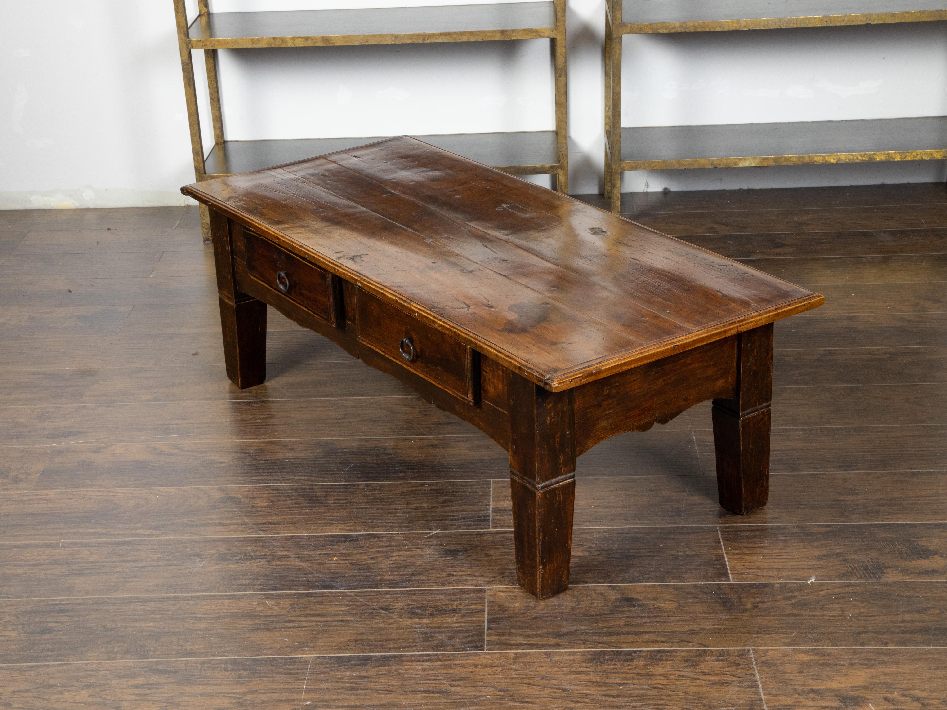 English 1800s Elm Coffee Table with Two Drawers and Distressed Patina ...