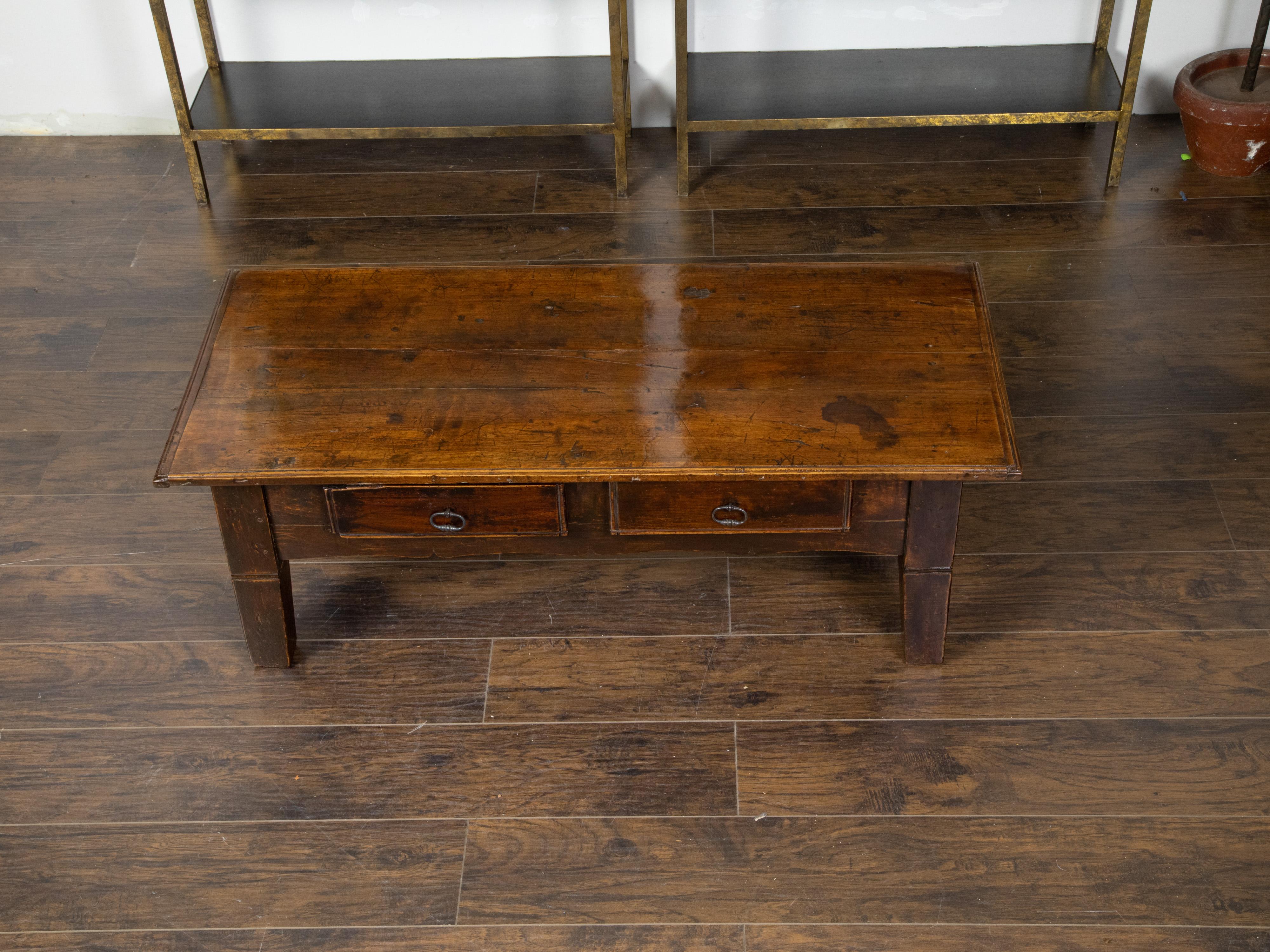 English 1800s Elm Coffee Table with Two Drawers and Distressed Patina ...
