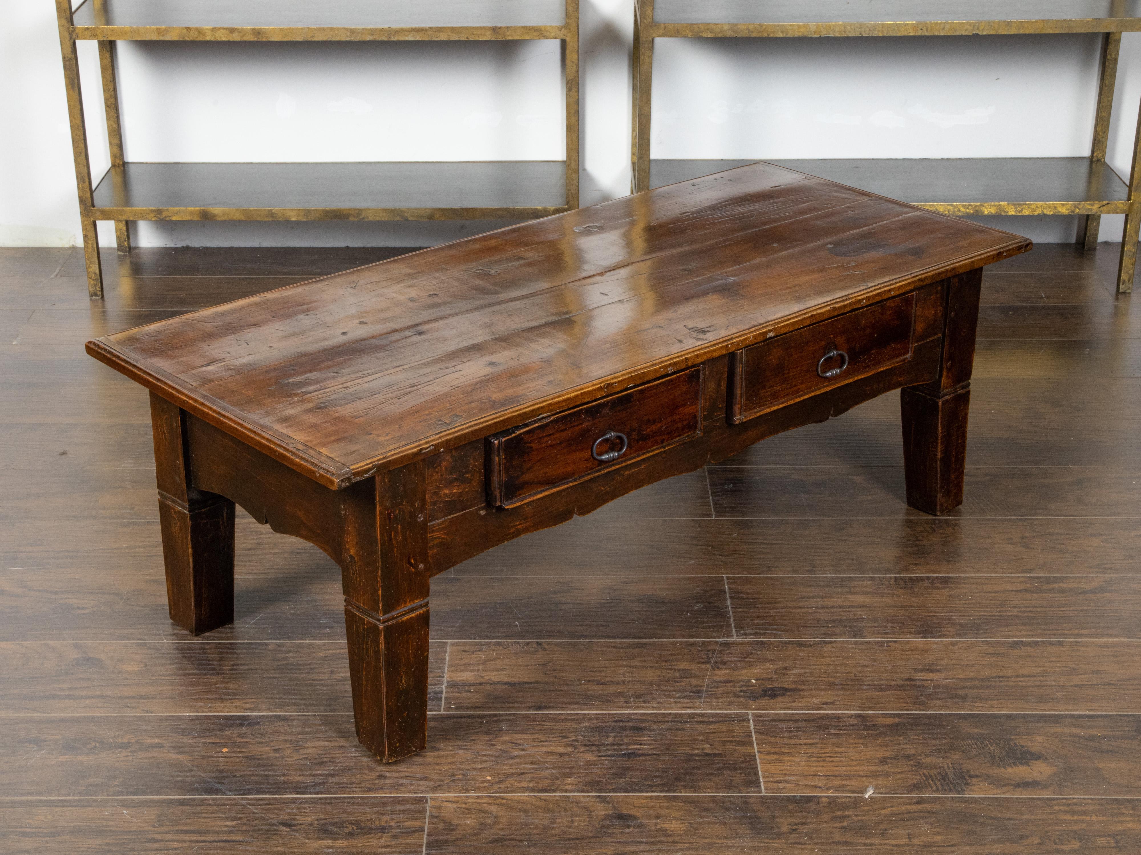 English 1800s Elm Coffee Table with Two Drawers and Distressed Patina ...
