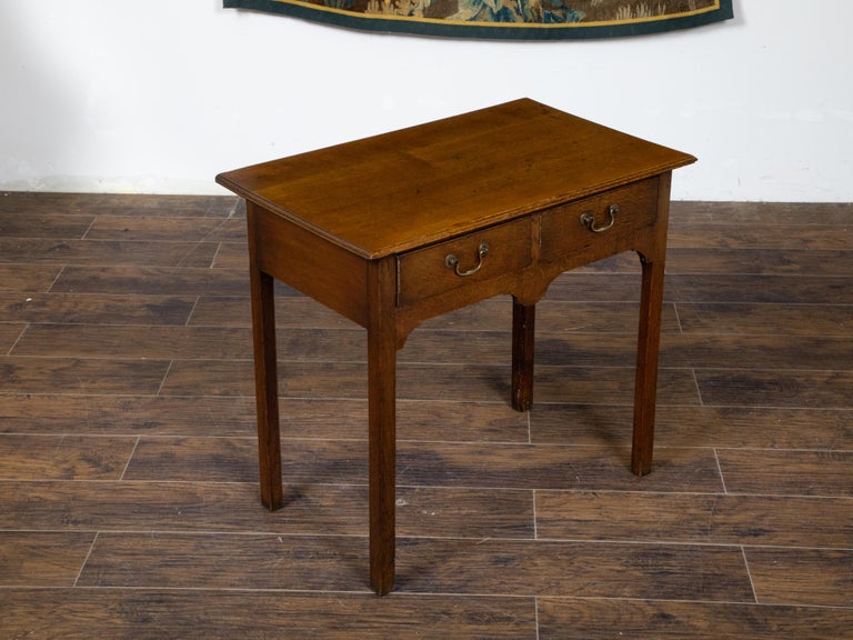 English 1840s Oak Side Table with Two Drawers, Carved Apron and ...