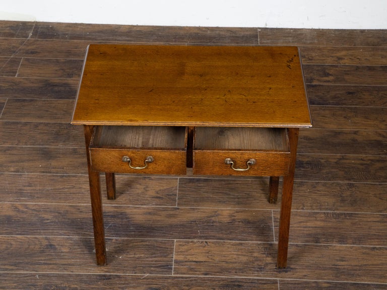 English 1840s Oak Side Table with Two Drawers, Carved Apron and ...