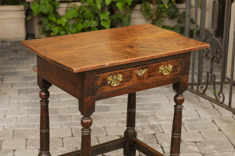 English 1850s Oak Side Table with Drawer, Brass Hardware and Turned ...