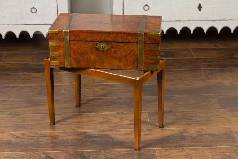 English 1850s Walnut Lap Desk Box on Custom Stand Fitted with Green ...